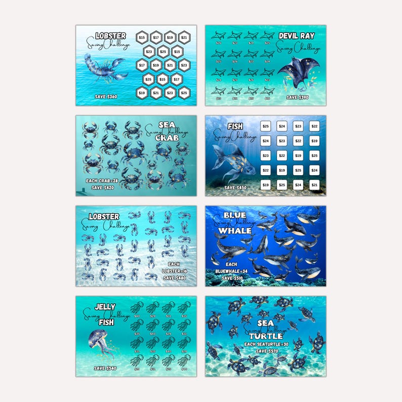 Sea Creature Savings Challenge Printable Bundle, Mini A6 Ocean Themed ...