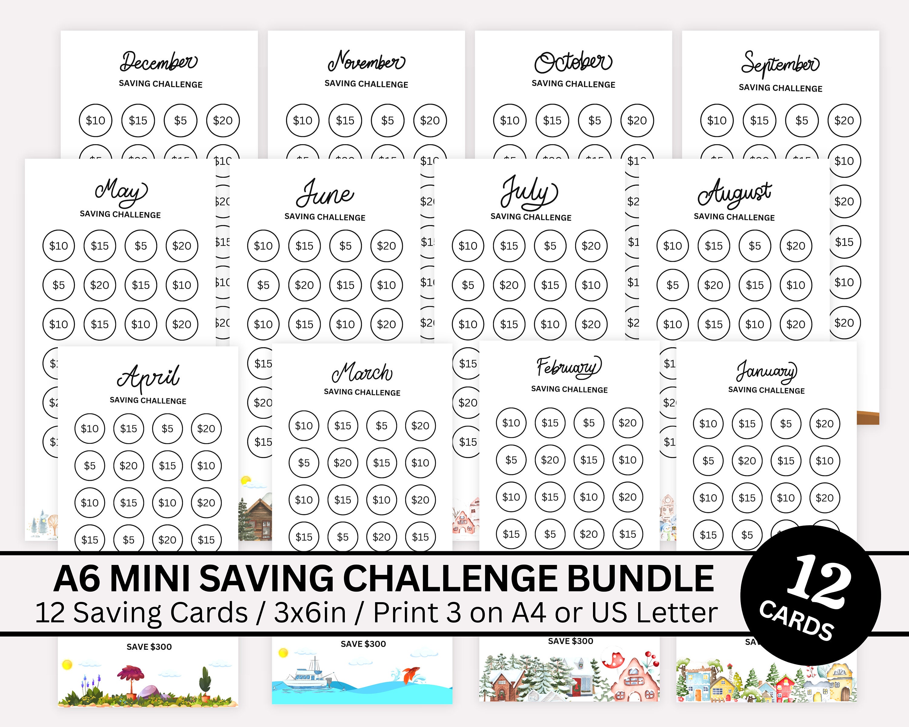 Monthly Savings Challenge Printable Bundle, 12 Month Saving Tracker ...