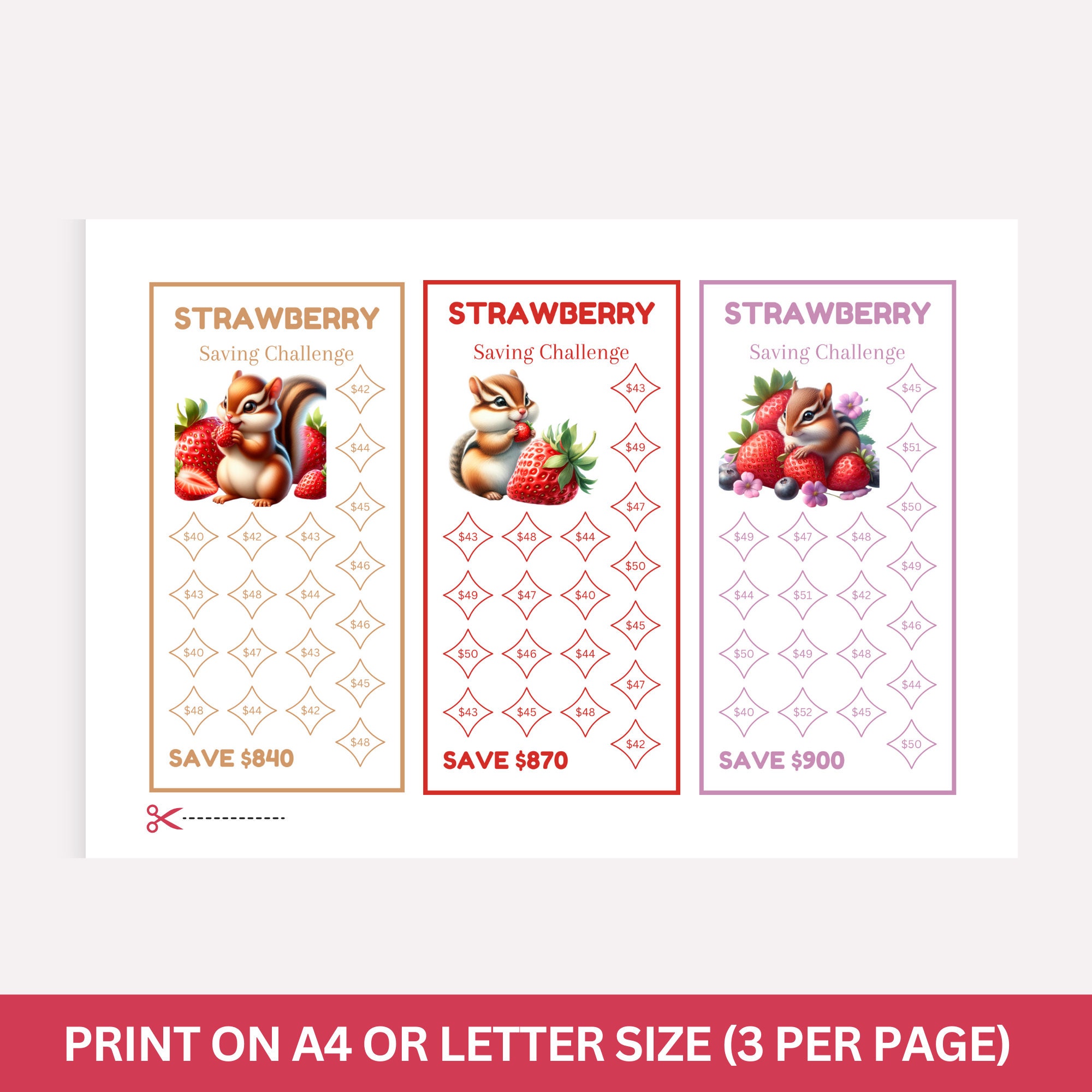 Mini A6 Strawberry Savings Challenge Printable Bundle, Strawberry ...