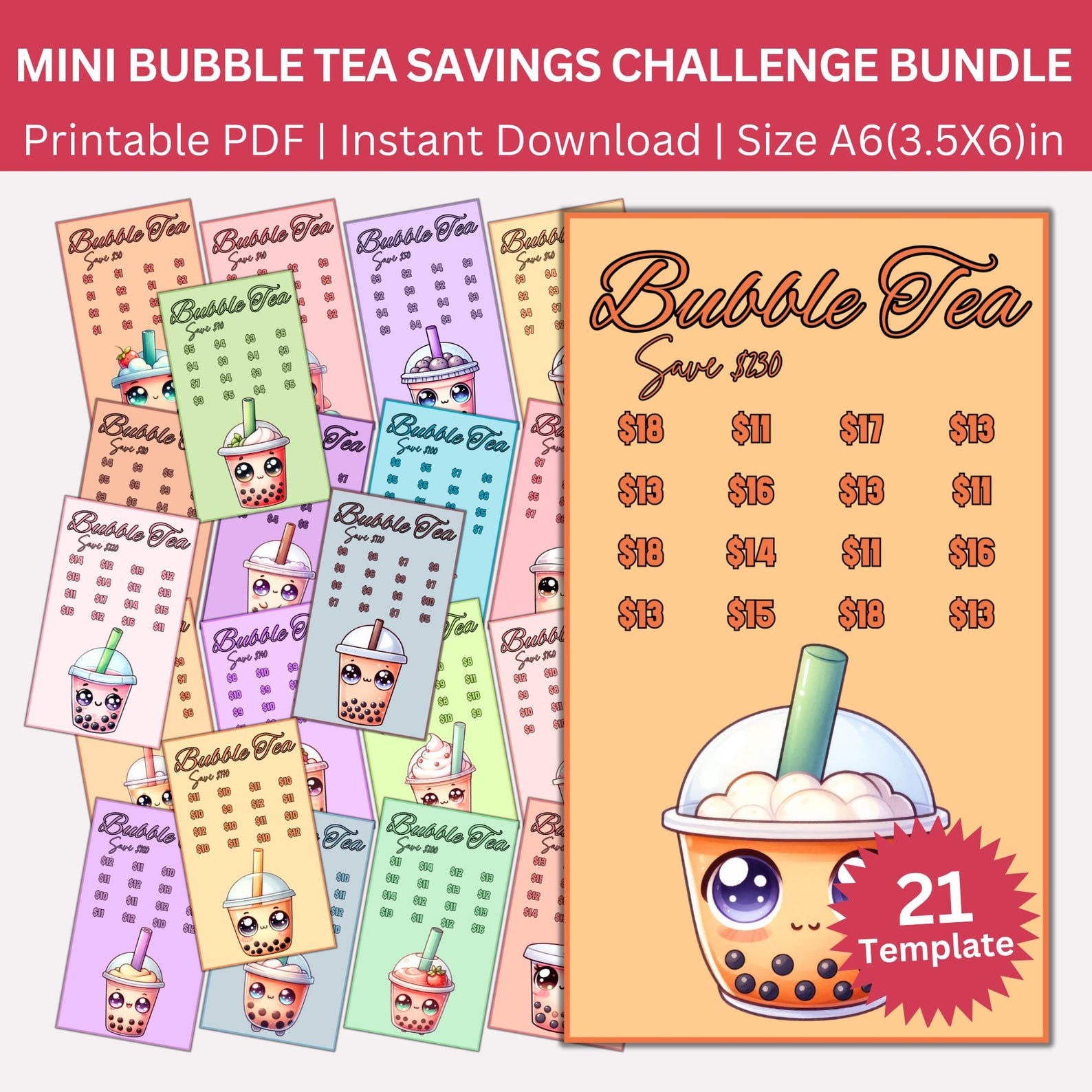 Mini Kawaii Bubble Tea Savings Challenge Printable Bundle, A6 Budget ...