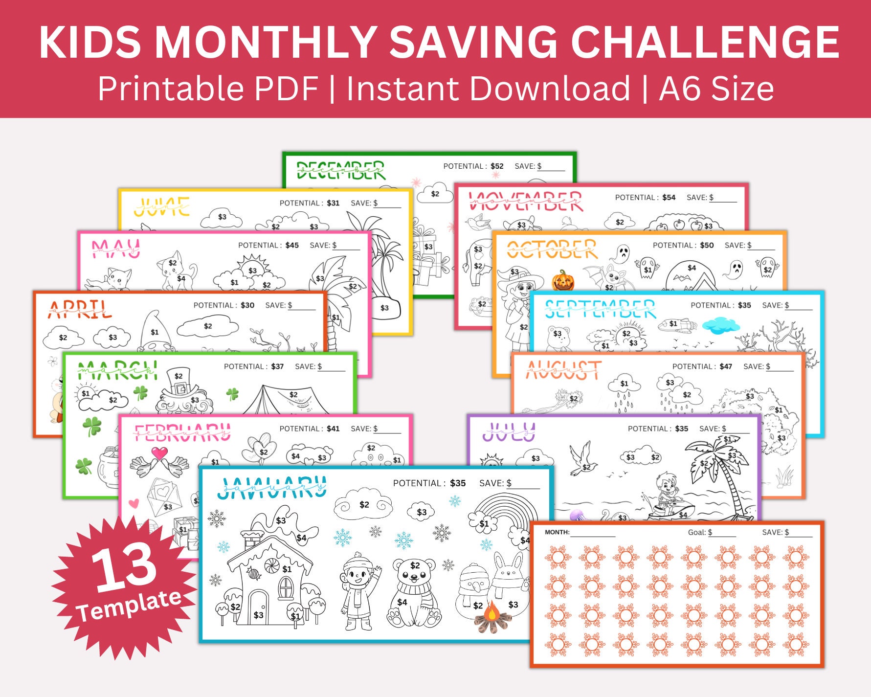 Monthly Kids Savings Challenge Printable, A6 Kids Mini Saving ...