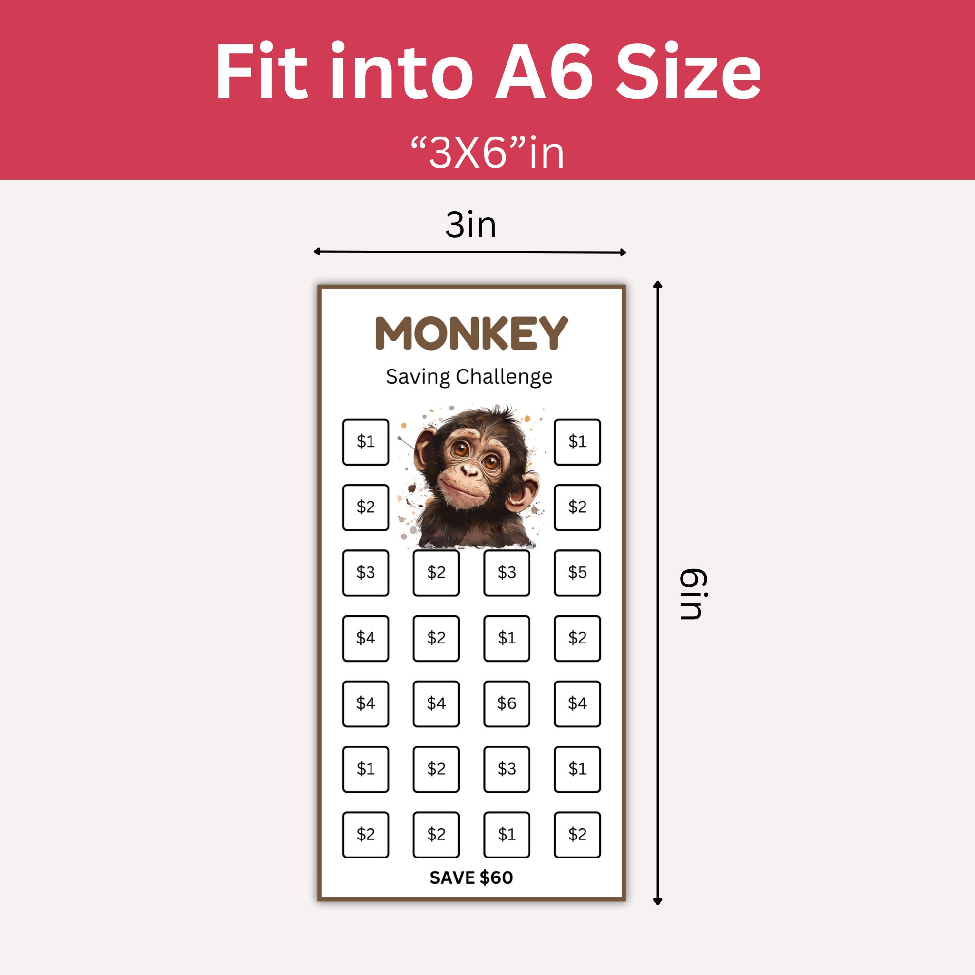 Mini Monkey Saving Challenge Printable, Mini A6 Monkey Animal Savings ...
