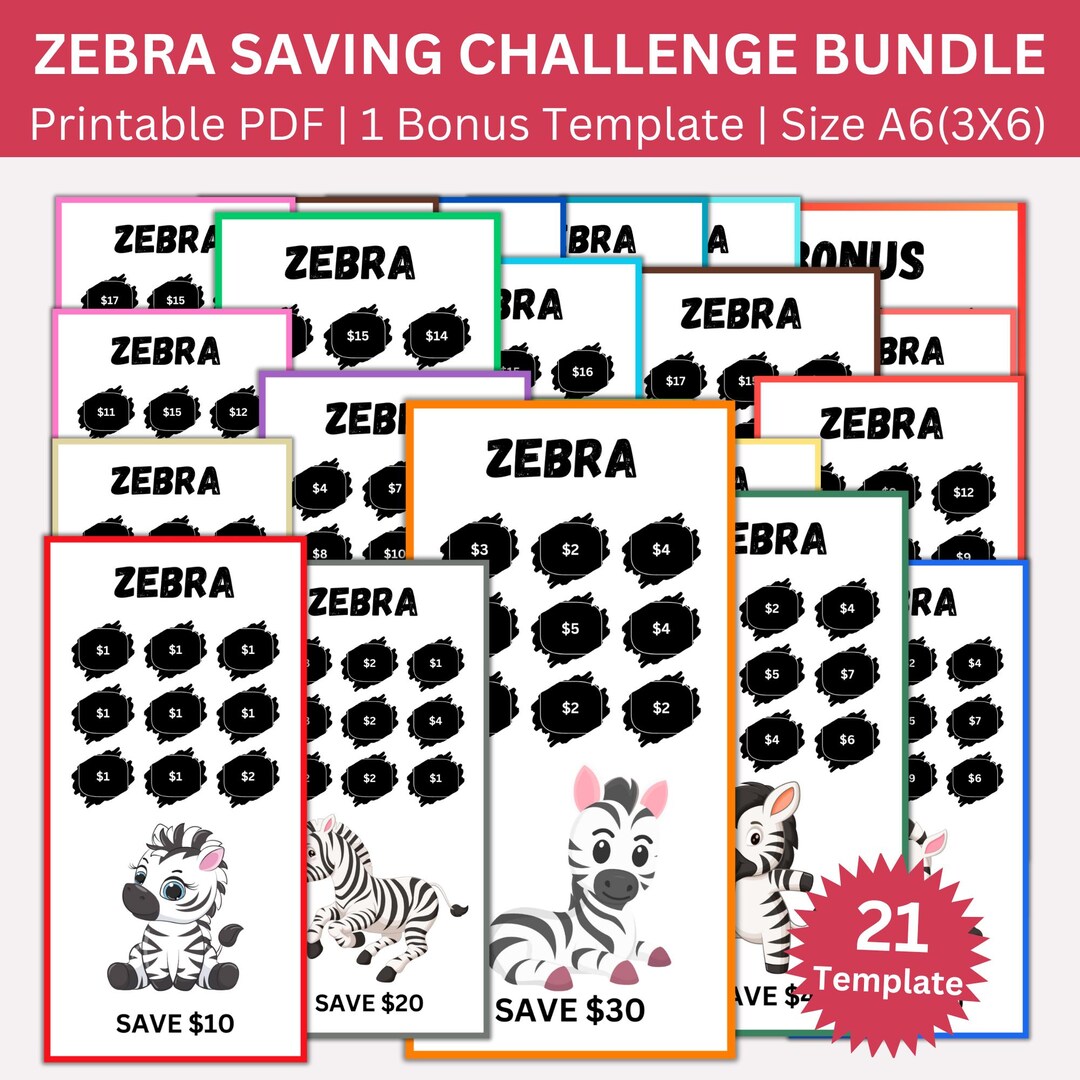 Zebra Savings Challenge Printable Bundle, Mini A6 Animals Low Income ...