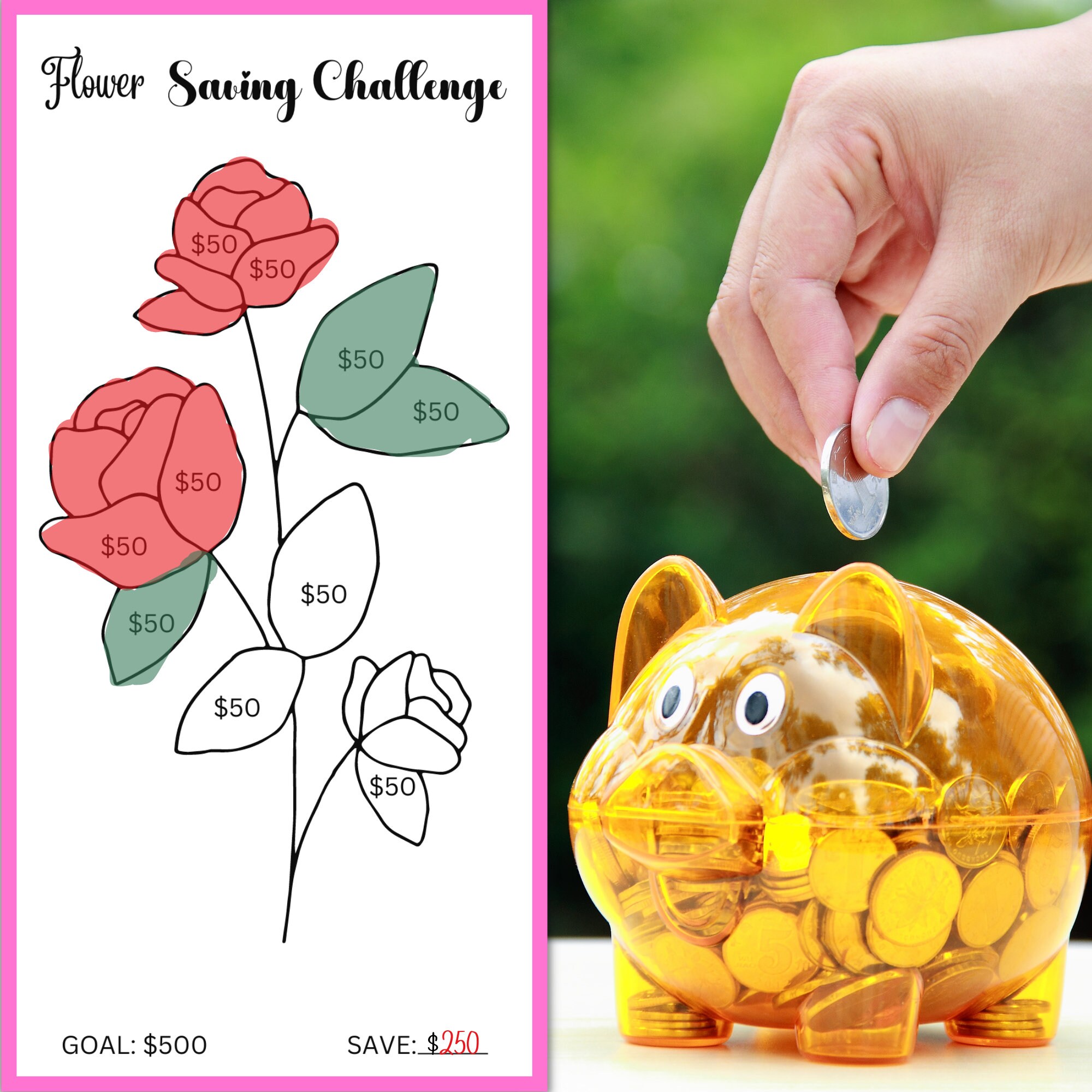 Floral Coloring Savings Challenge Printable Bundle, Flower A6 Saving ...