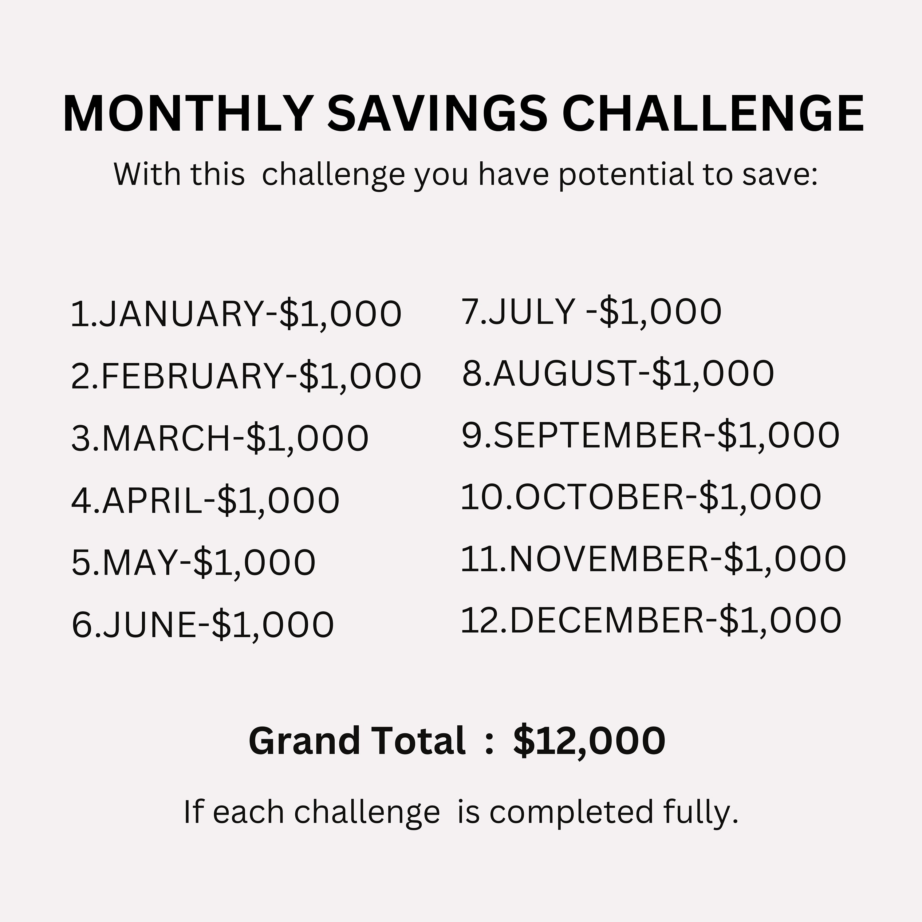 1k IN A Month Saving Challenge Printable 12 Month Savings - Etsy
