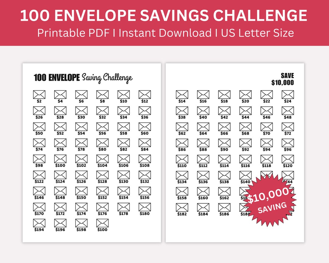 10000 Savings Challenge Printable on 2 Page, 10k Saving Challenge, 10 ...