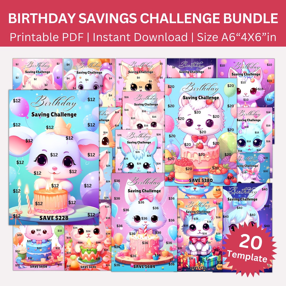 Birthday Savings Challenge Printable Bundle, A6 Mini Low Income Happy ...