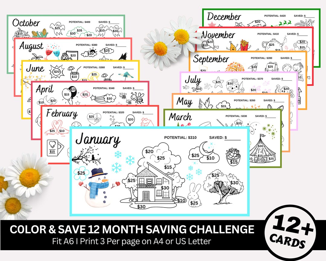 12-month Color Save A6 Savings Challenge Bundle for A6 Binders ...