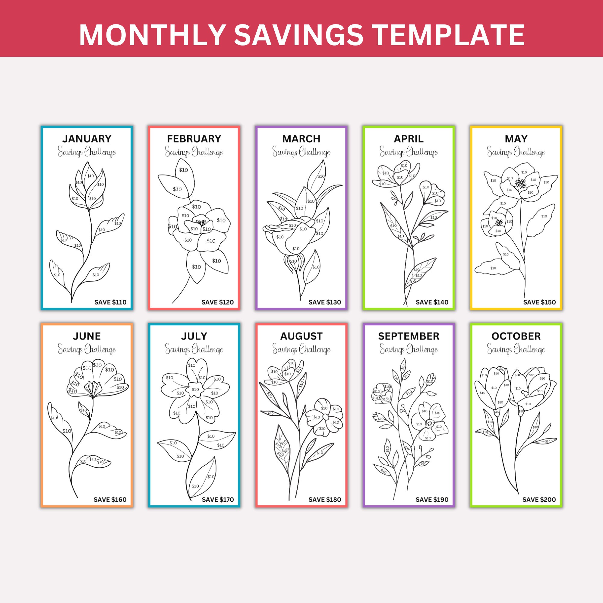 Ultimate Floral Coloring Savings Challenge Printable Bundle 40 Set, A6 ...