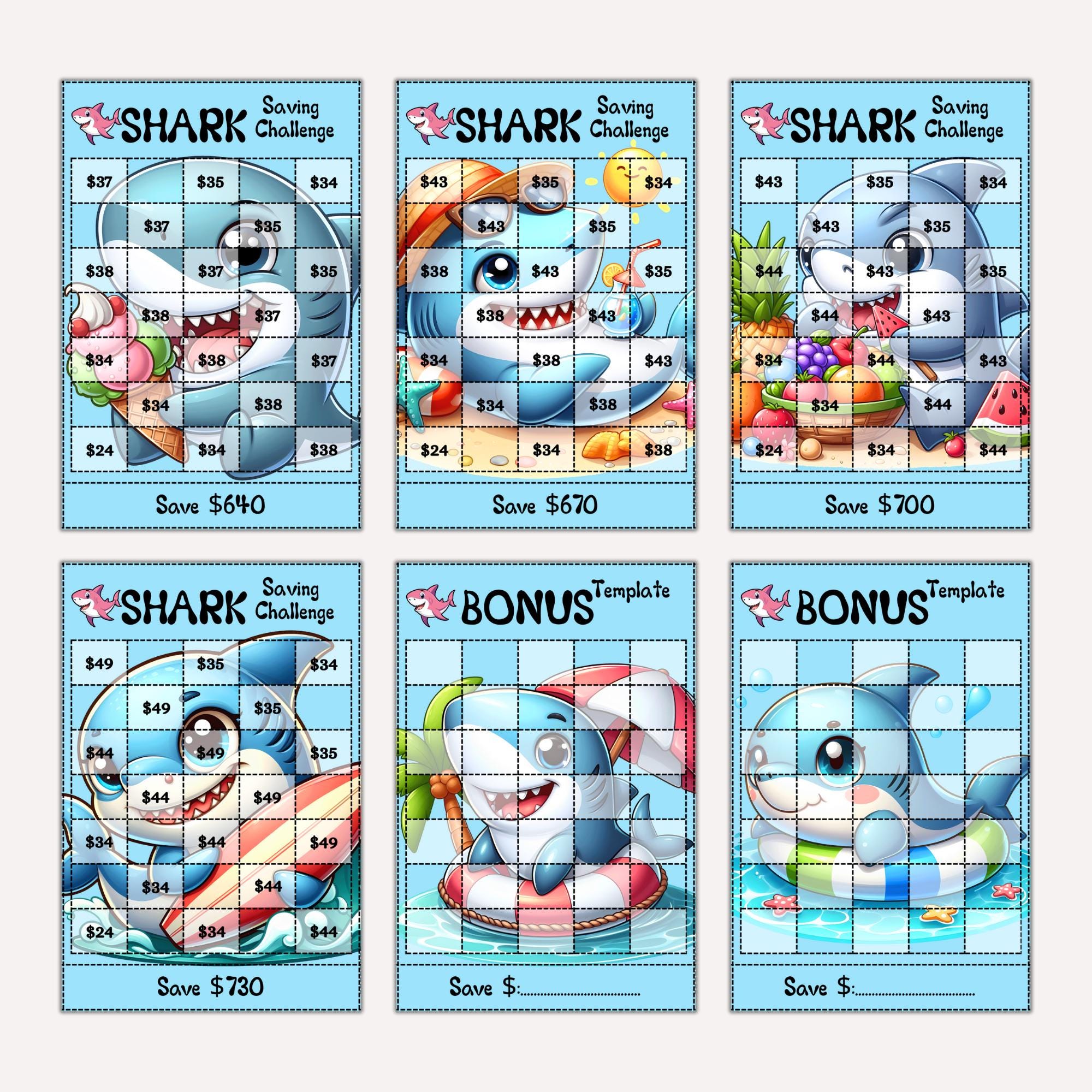 Cute Shark Savings Challenge Printable Bundle, Get Your Shark Fish ...