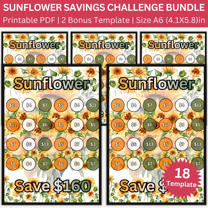 Sunflower Savings Challenge Bundle Printable, A6 Cash Stuffing Savings ...