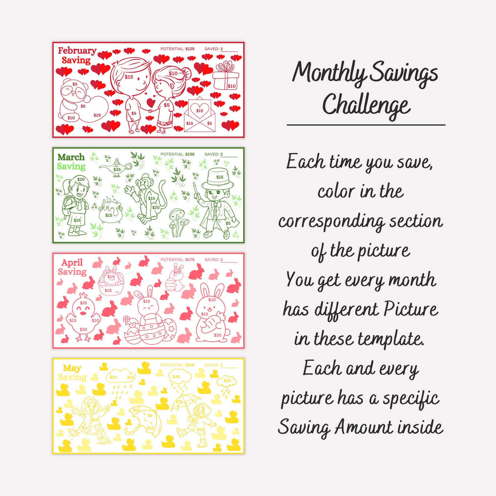 Monthly Savings Challenge Printable, 12 Month Color Saving Challenge ...