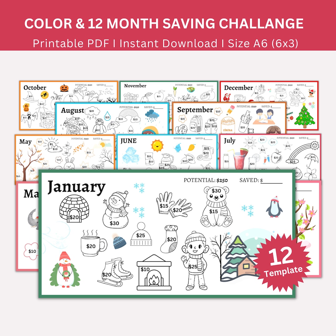 Monthly Savings Challenge Printable, 12 Month Color Saving Tracker ...
