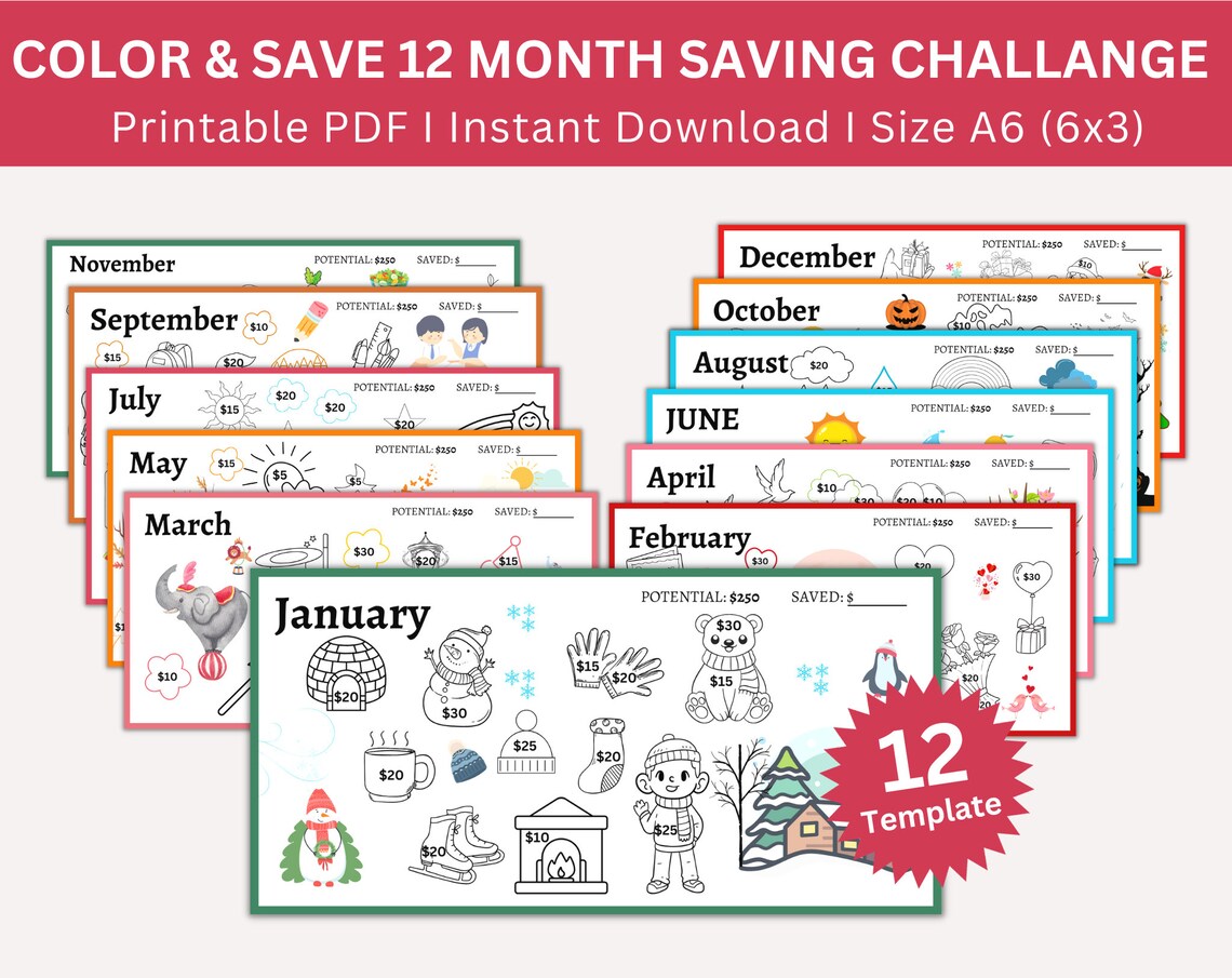 Buy Monthly Savings Challenge Printable 12 Month Color Saving Online in ...