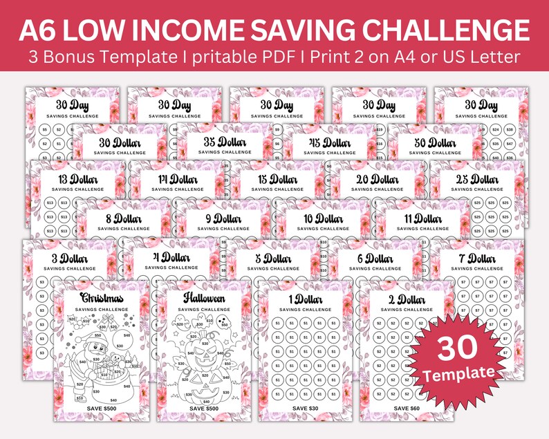 Low Income Savings Challenge Printable, Saving Challenge Bundle, A6 ...