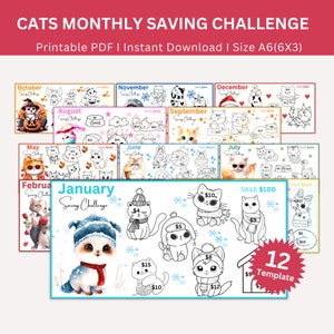 Cats Savings Challenge Printable, Monthly Mini Cats A6 Size Saving ...