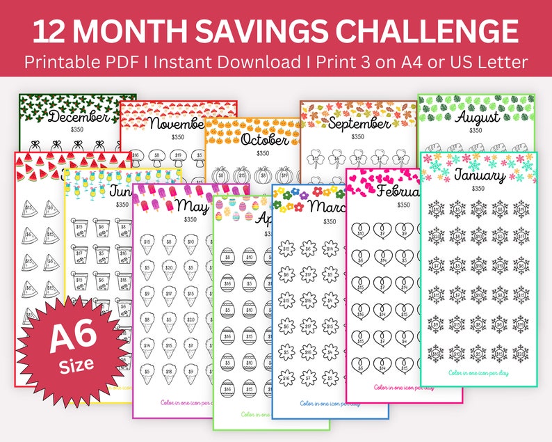 Monthly Savings Challenge Trackers Mini Fits A6 Size Saving - Etsy