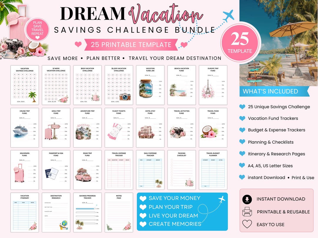 Vacation Savings Challenge Printable Bundle, Travel Fund Tracker PDF ...