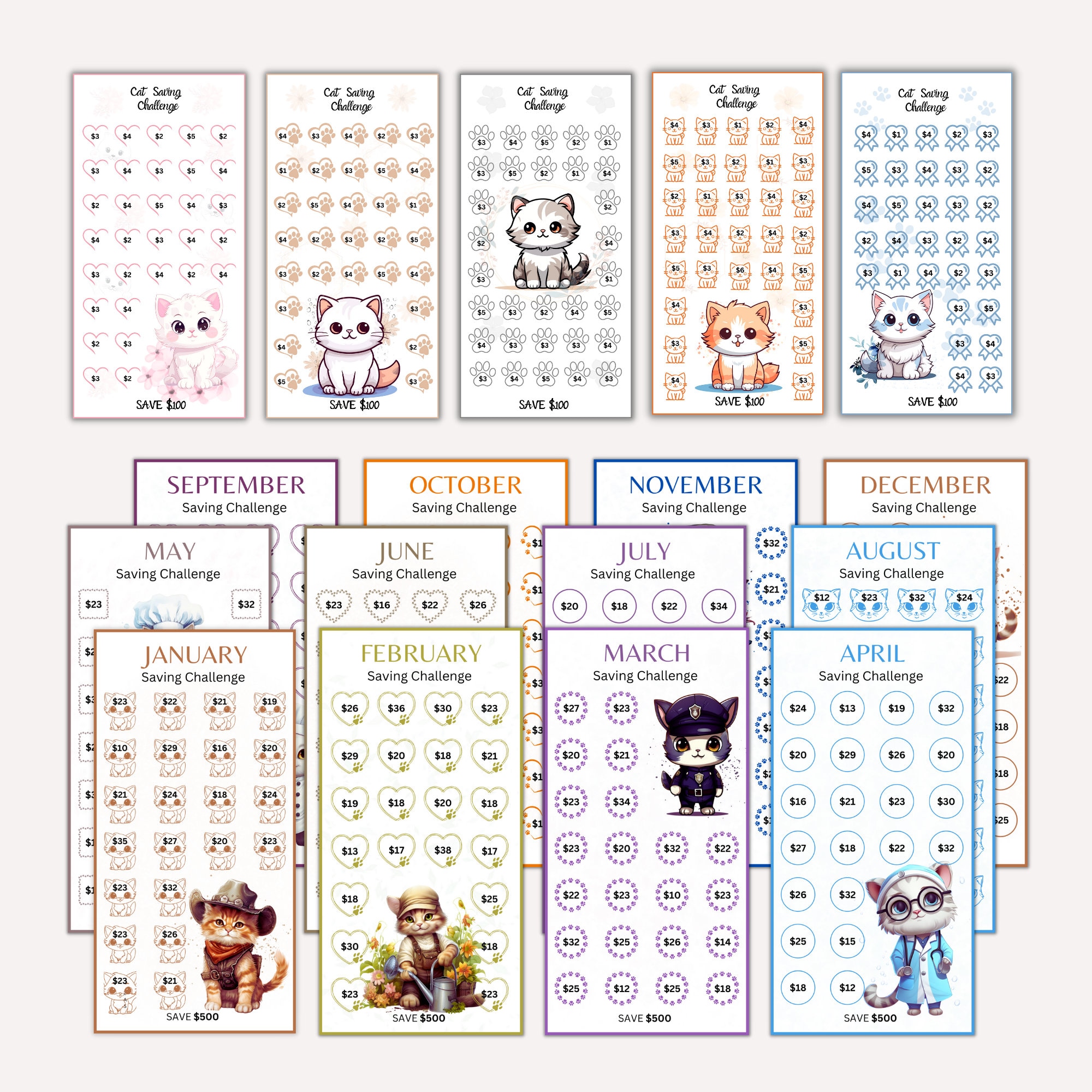 Cats Savings Challenge Printable Mega Bundle, Mini Cat A6 Size Saving ...
