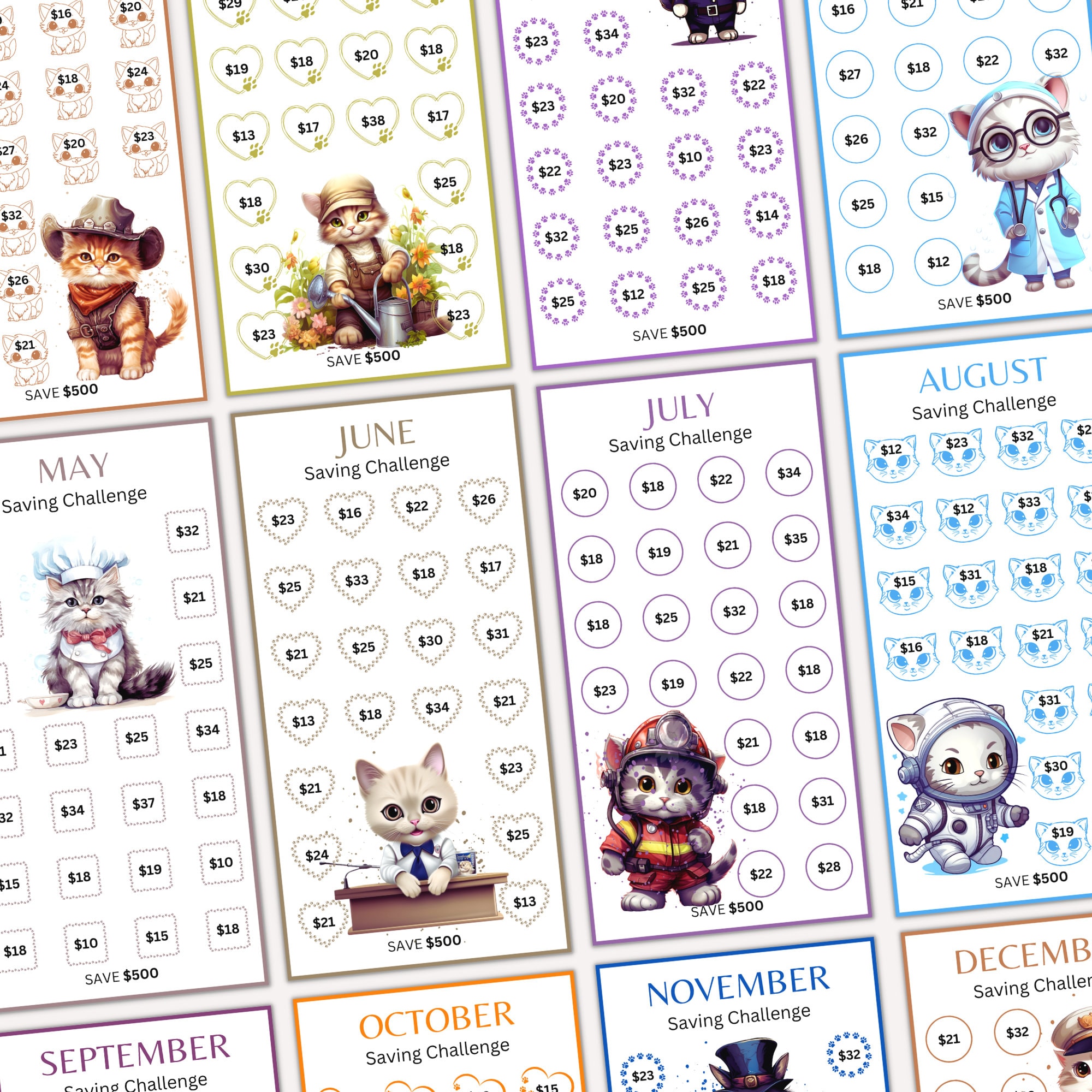 Cats Monthly Savings Challenge Printable, A6 Mini Cats Saving Challenge ...