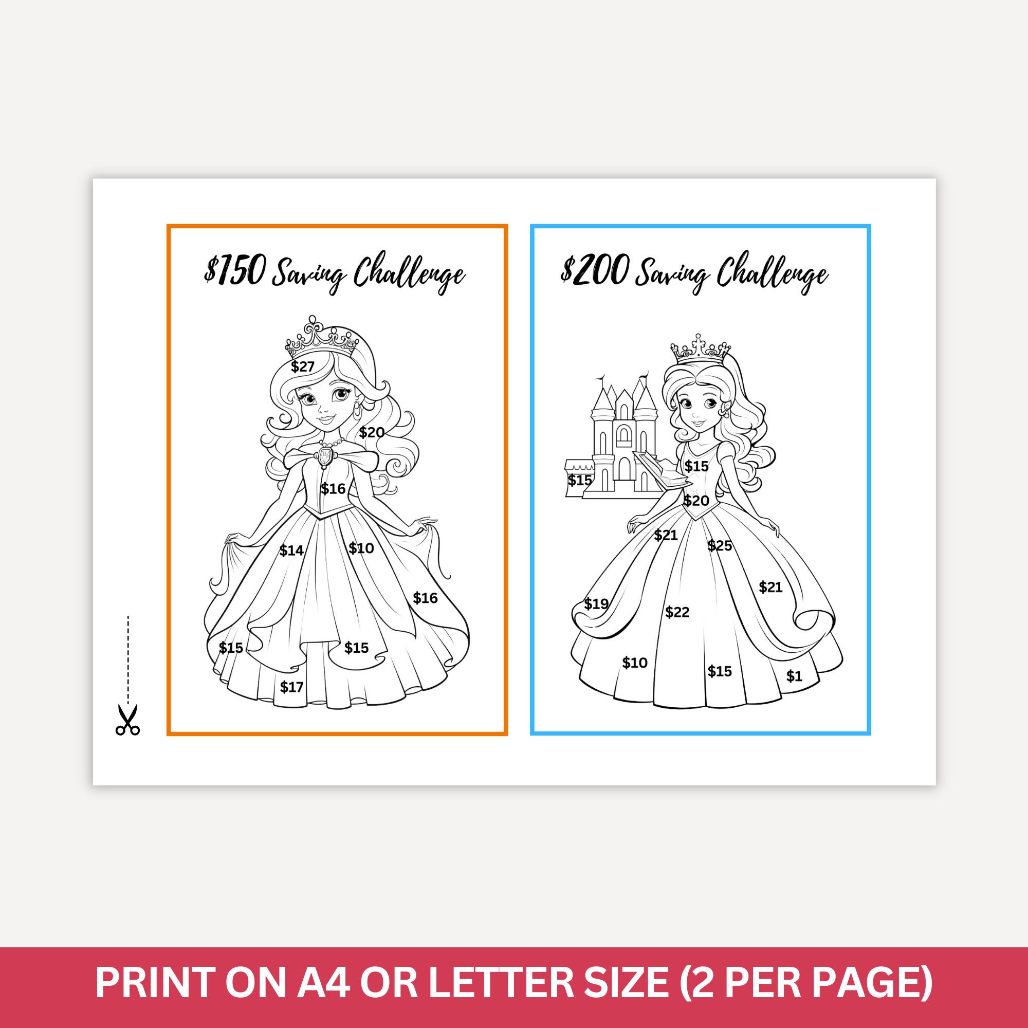Princess Coloring Savings Challenge Printable, Princess Saving ...