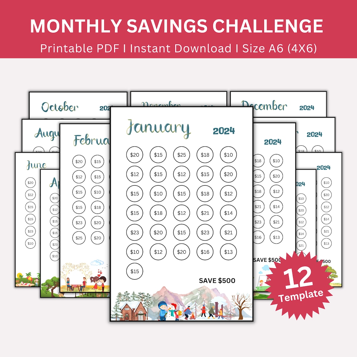 2024 Monthly Savings Challenge Printable, 12 Month Saving Tracker ...