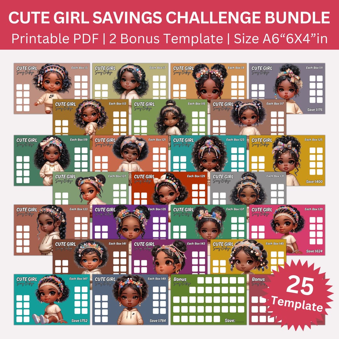 Cute Girl Savings Challenge Printable Bundle, A6 Mini Cute Girl Saving ...