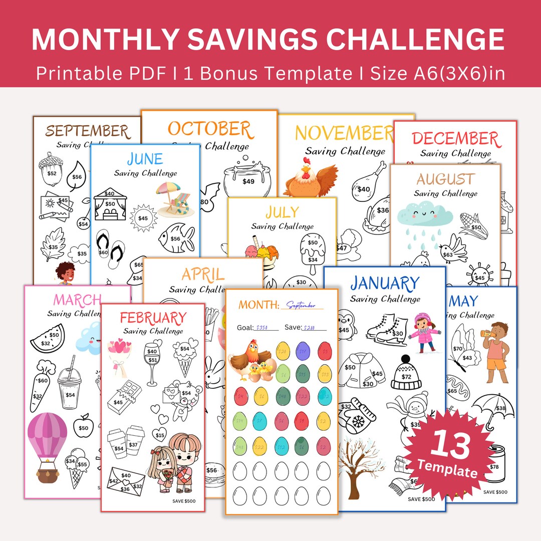 Monthly Savings Challenge Printable, 12 Month Color Saving Challenge ...