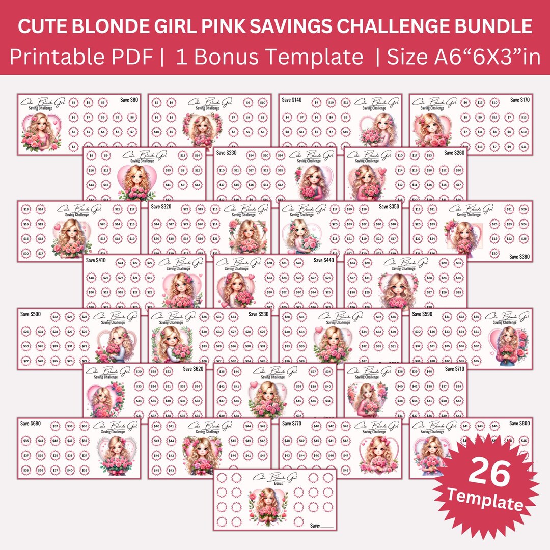 Cute Blonde Girl Pink Savings Challenge Printable Bundle, A6 Pink Low ...