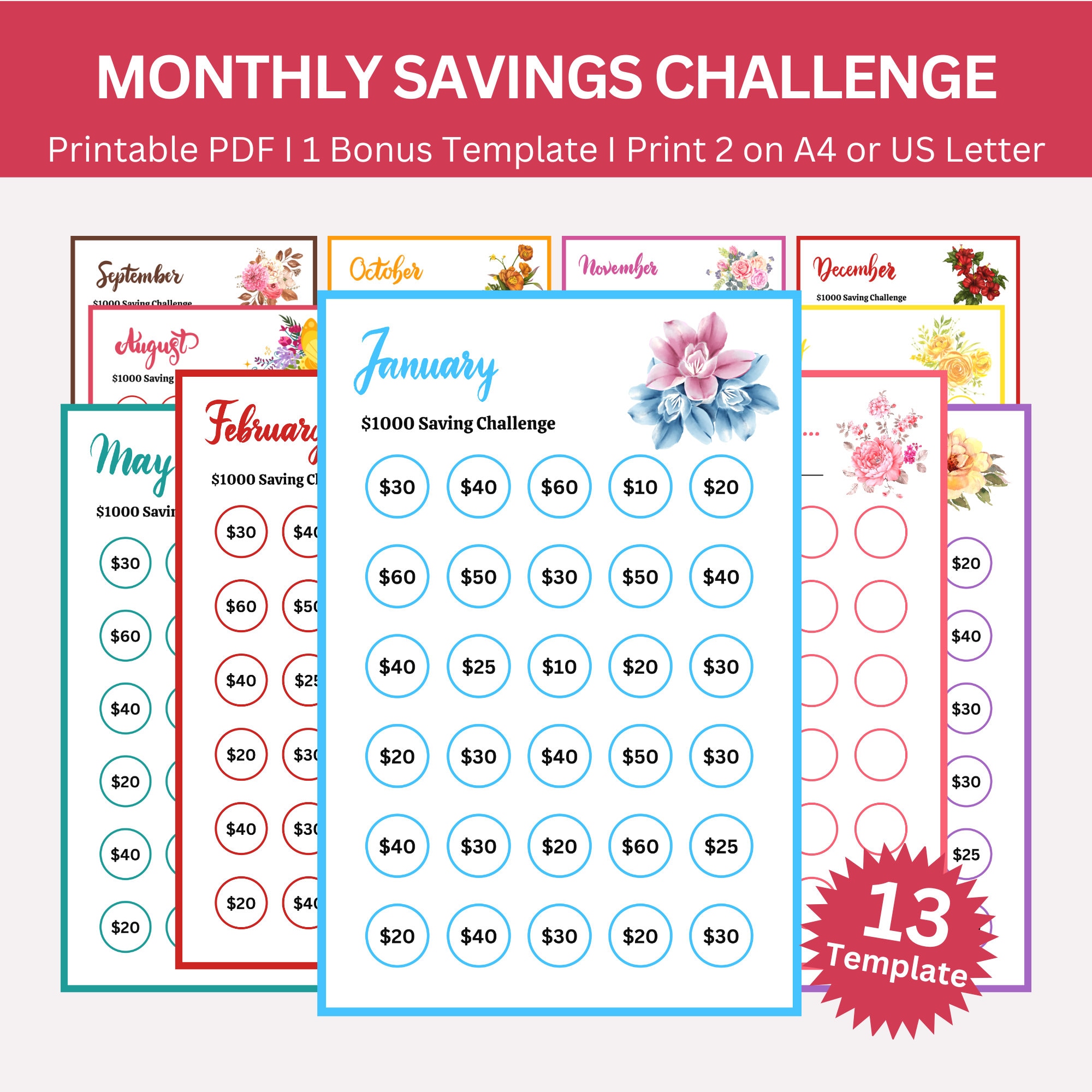 Monthly Savings Challenge Printable, 12 Month Color Saving Tracker ...