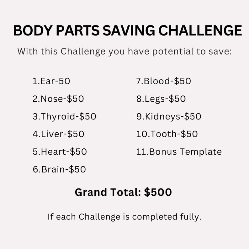 Body Parts Savings Challenge Printable Bundle, A6 Self Care Saving ...