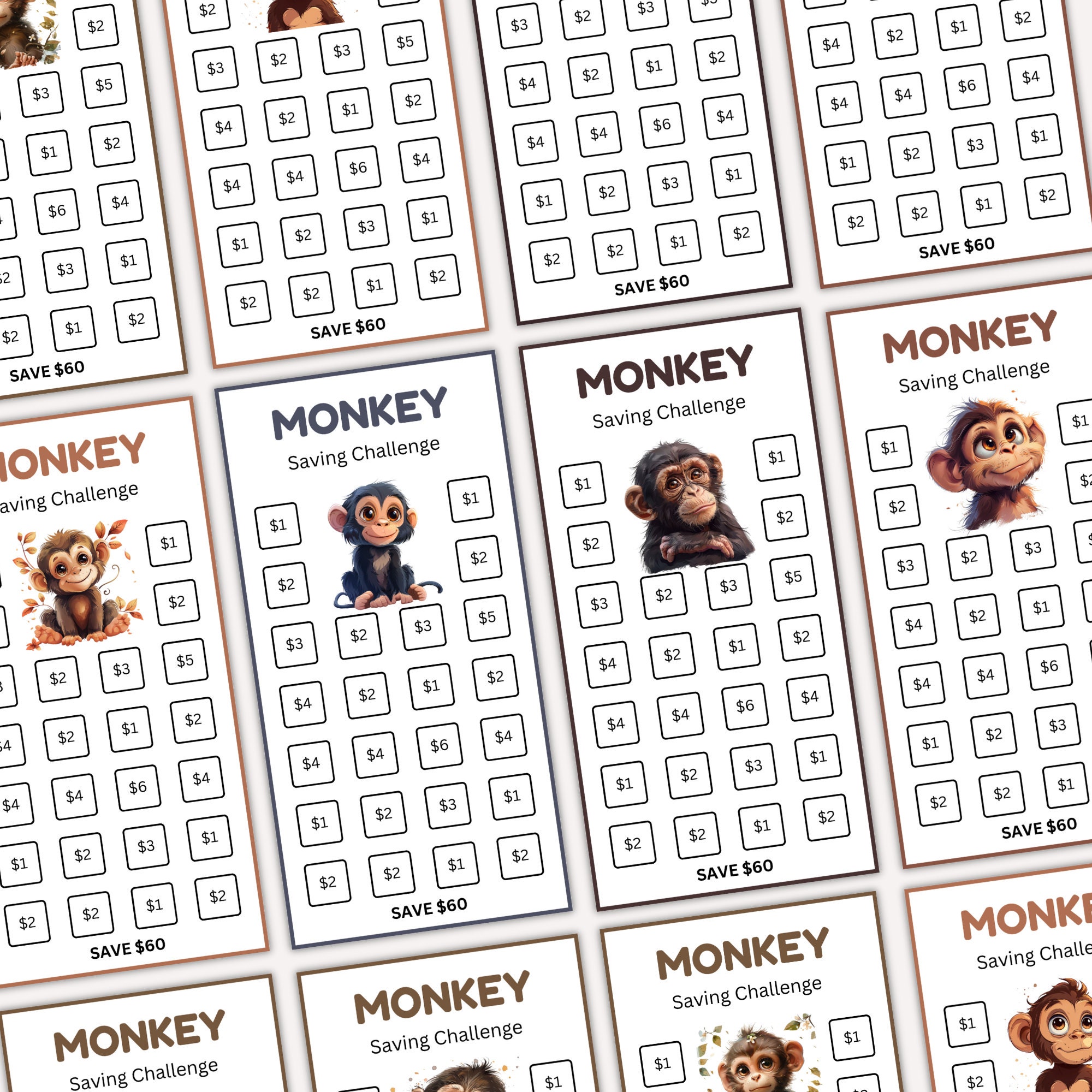 Mini Monkey Saving Challenge Printable, Mini A6 Monkey Animal Savings ...