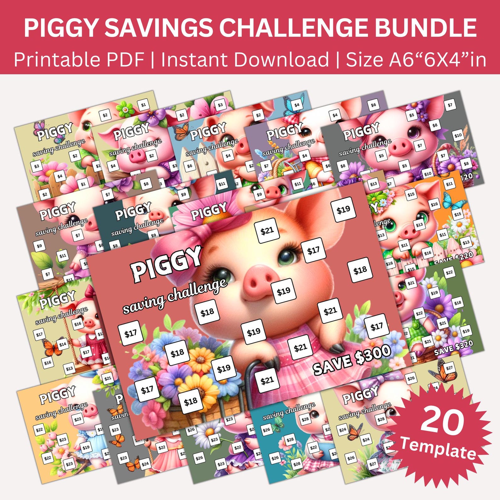 Piggy Savings Challenge Printable Bundle, Mini Low Income Piggy Bank ...
