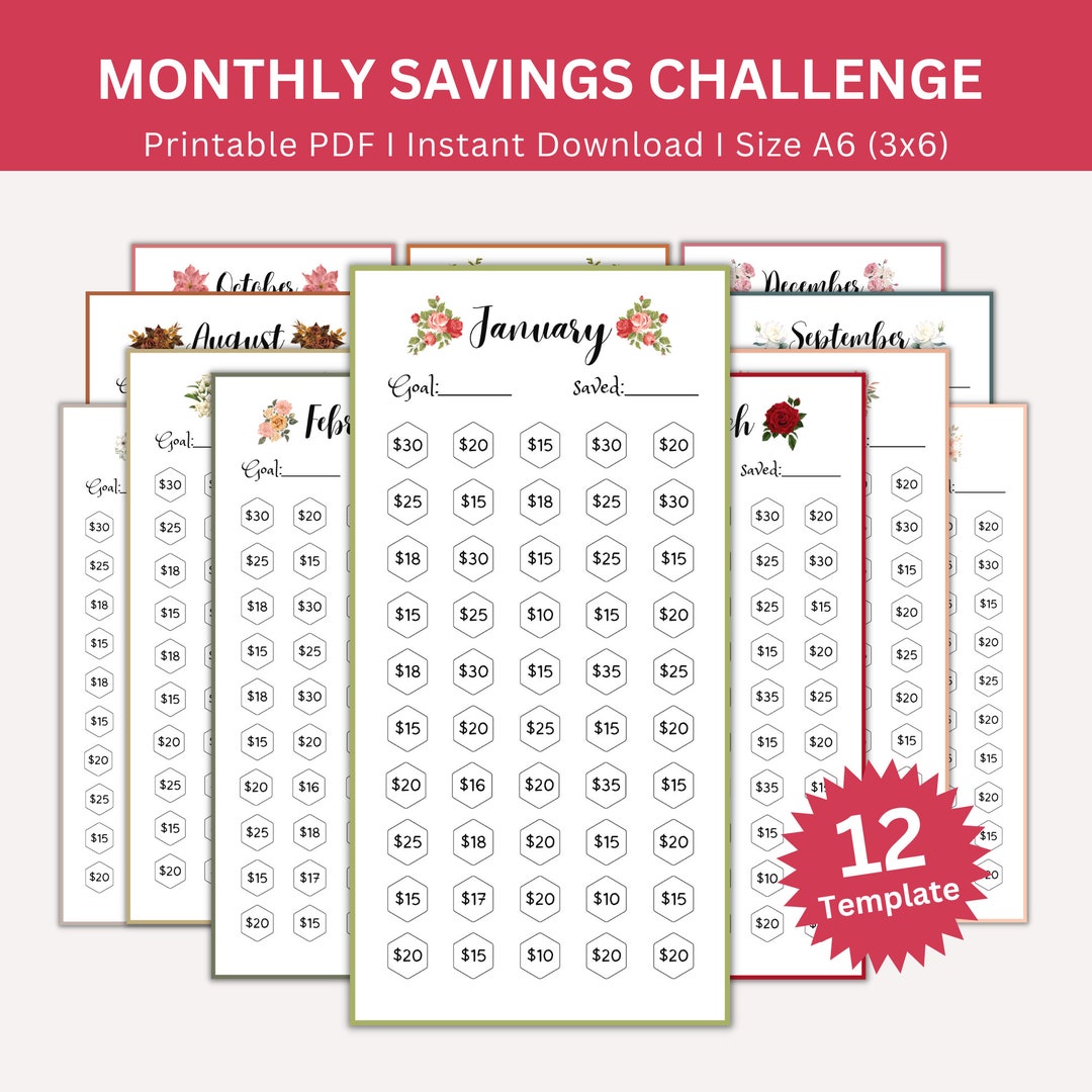 Monthly Savings Challenge, 12 Month Color Saving Challenge Printable ...