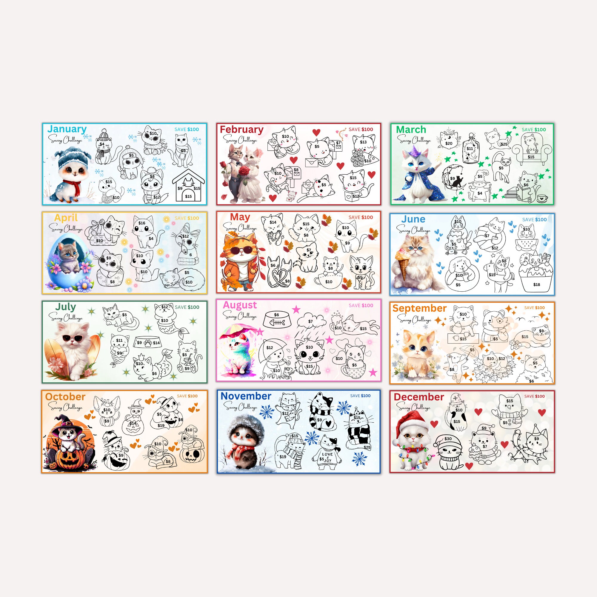 Cats Savings Challenge Printable Mega Bundle, Mini Cat A6 Size Saving ...