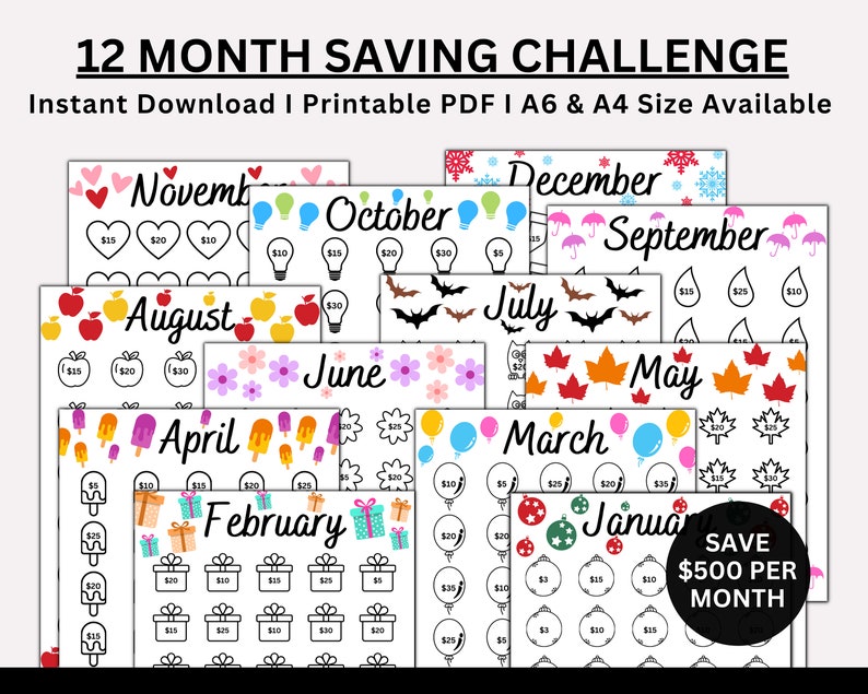12 Monthly Savings Challenge Printable Saving Challenge - Etsy