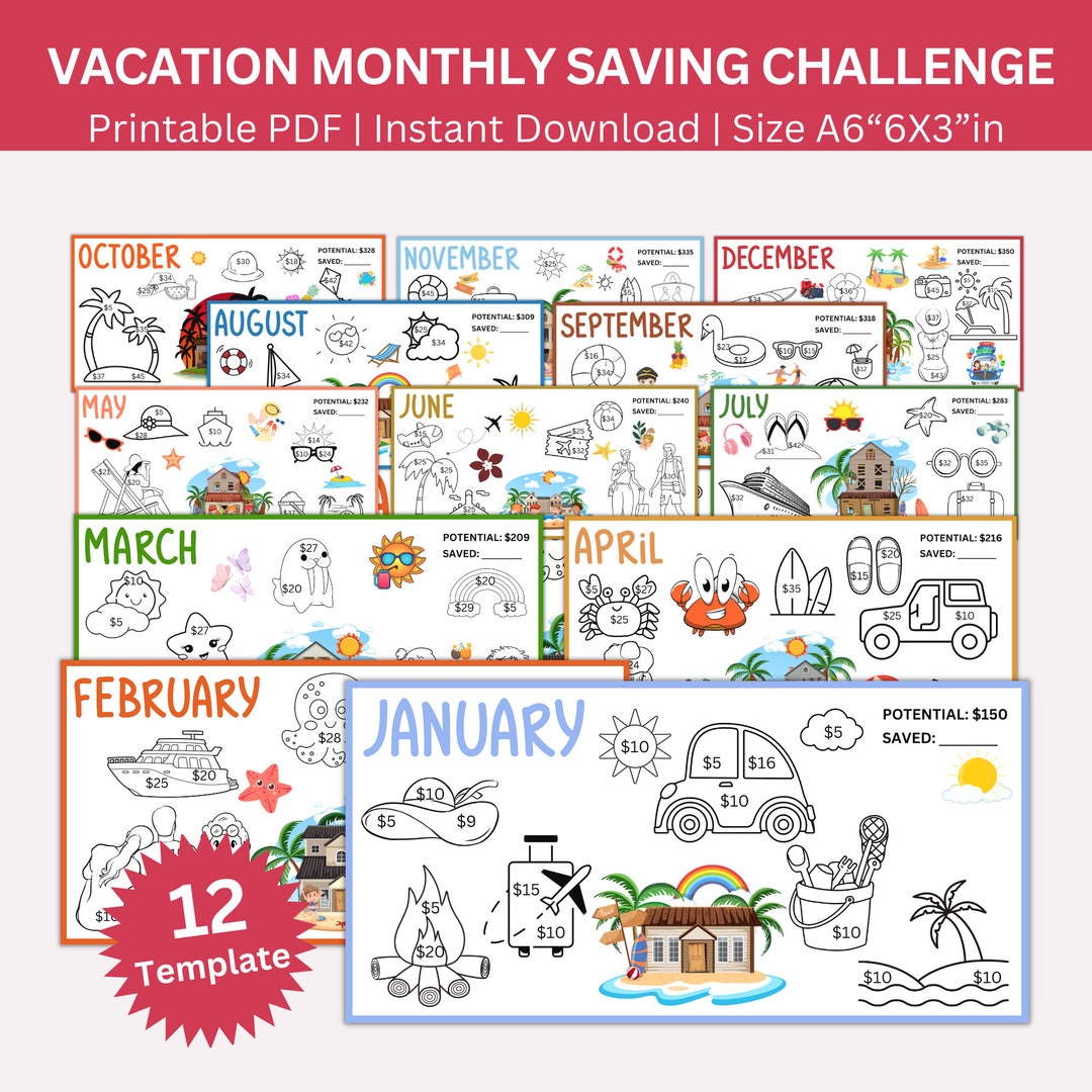Monthly Vacation Savings Challenge Printable, Travel Saving Challenge ...