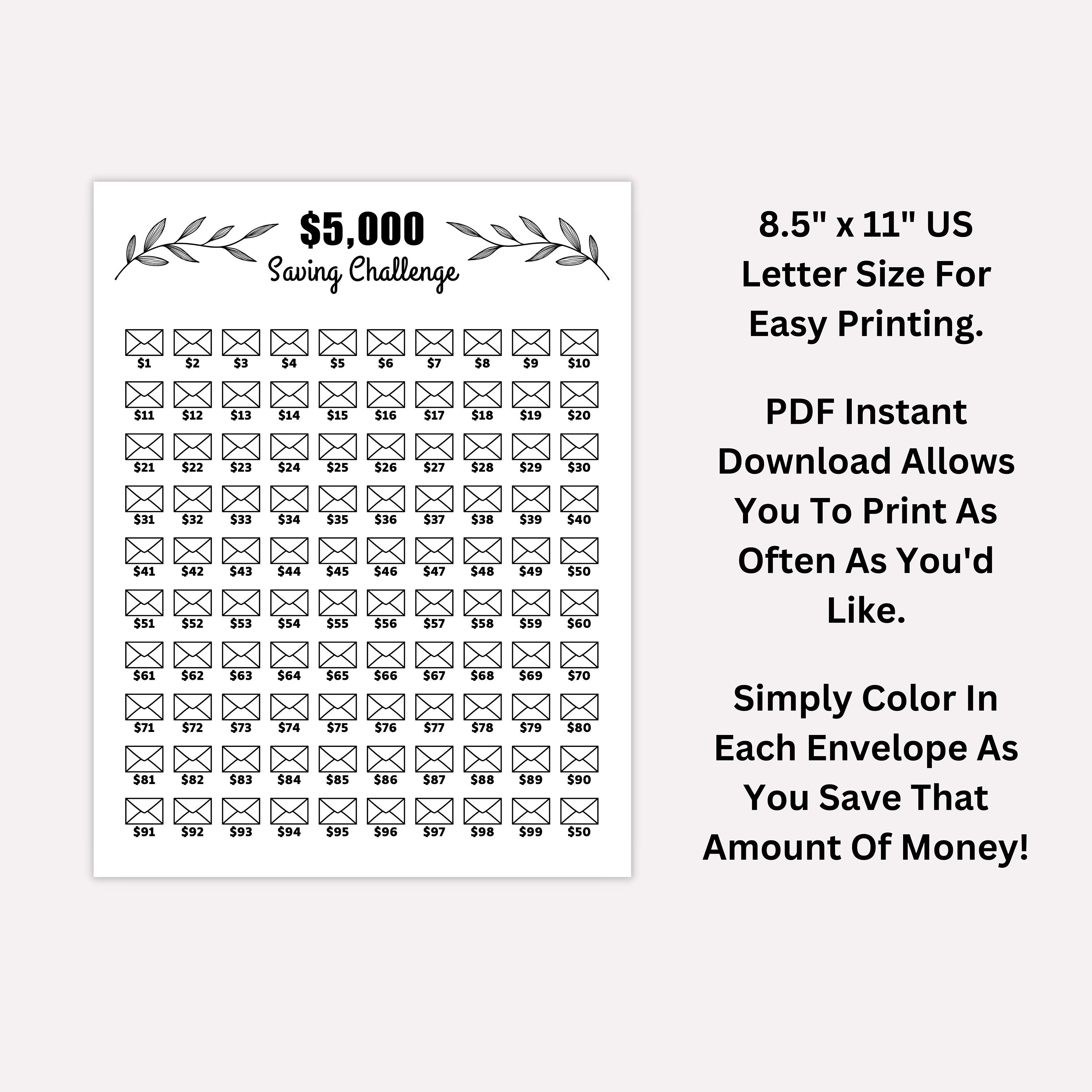 5k Savings Challenge Printable, 5000 Saving Challenge, 5 000 Savings Challenge, 100 Envelope ...