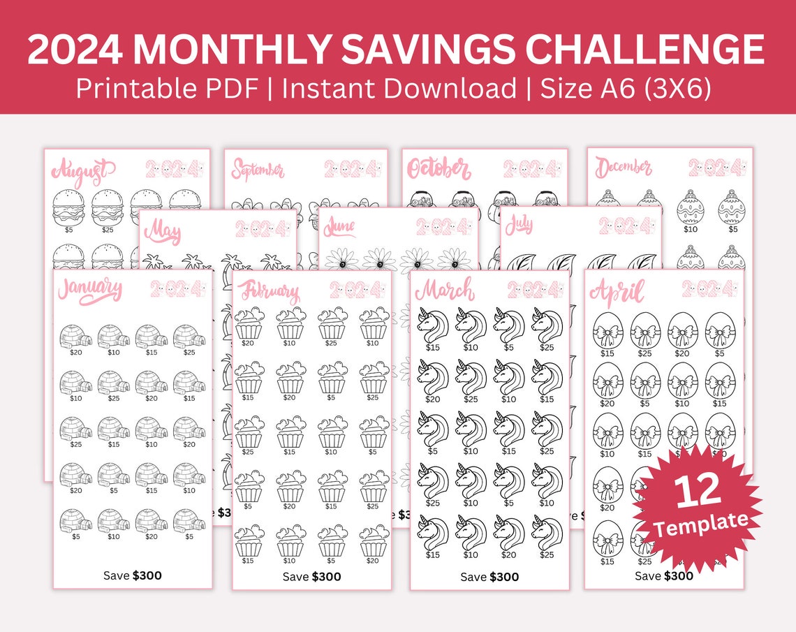 2024 Monthly Savings Challenge, 12 Month Saving Tracker Bundle, 2024 ...