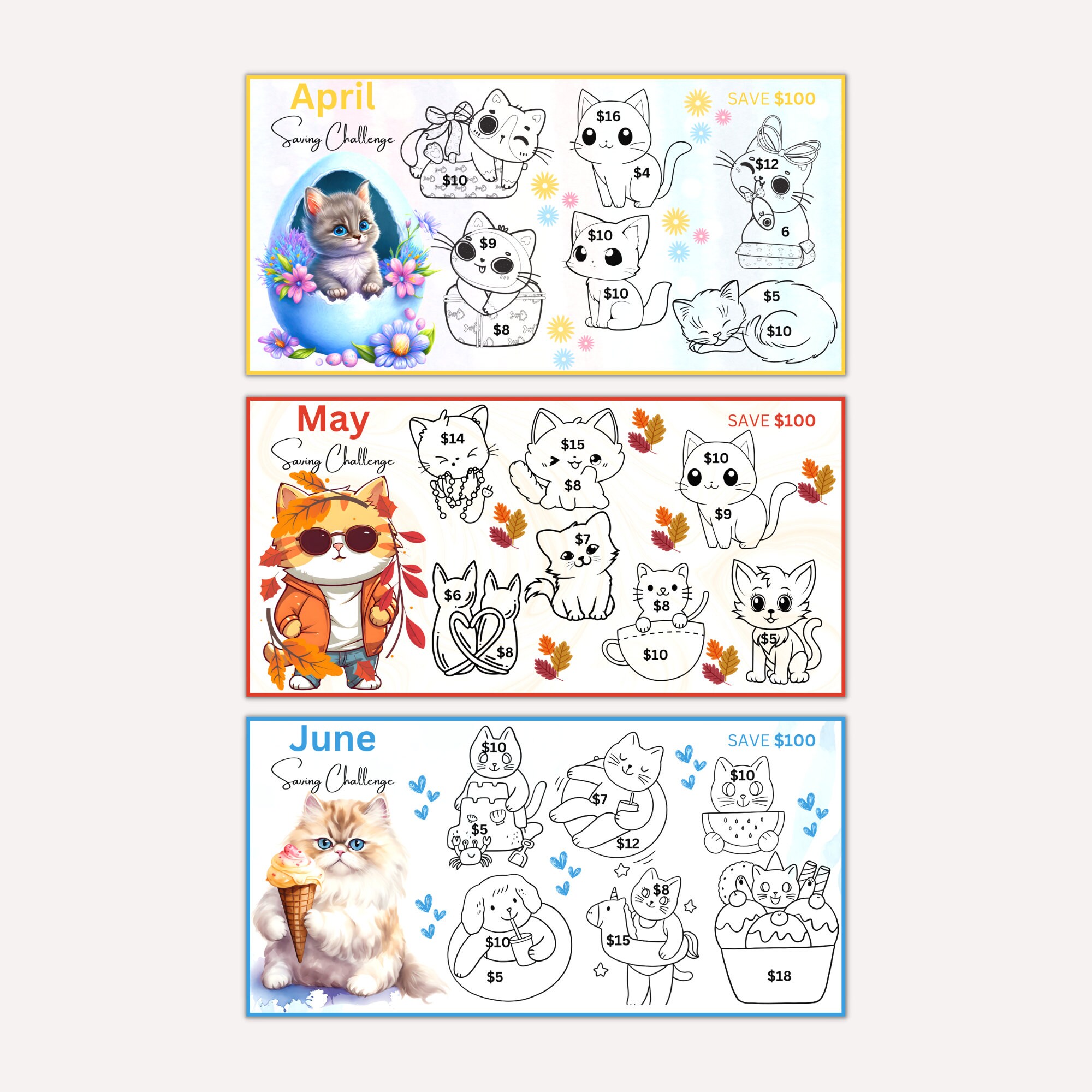 Cats Savings Challenge Printable, Monthly Mini Cats A6 Size Saving ...