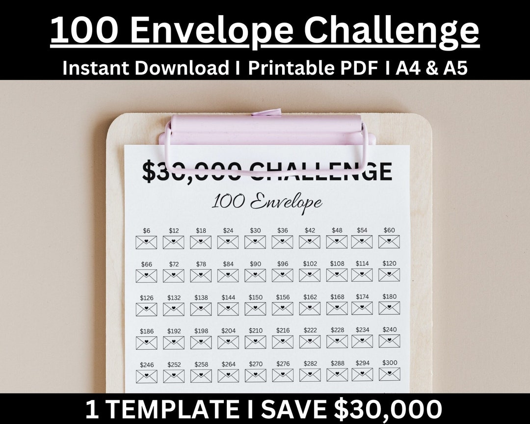 30K 100 Envelope Challenge Printable, 30,000 Saving Tracker, 30K ...