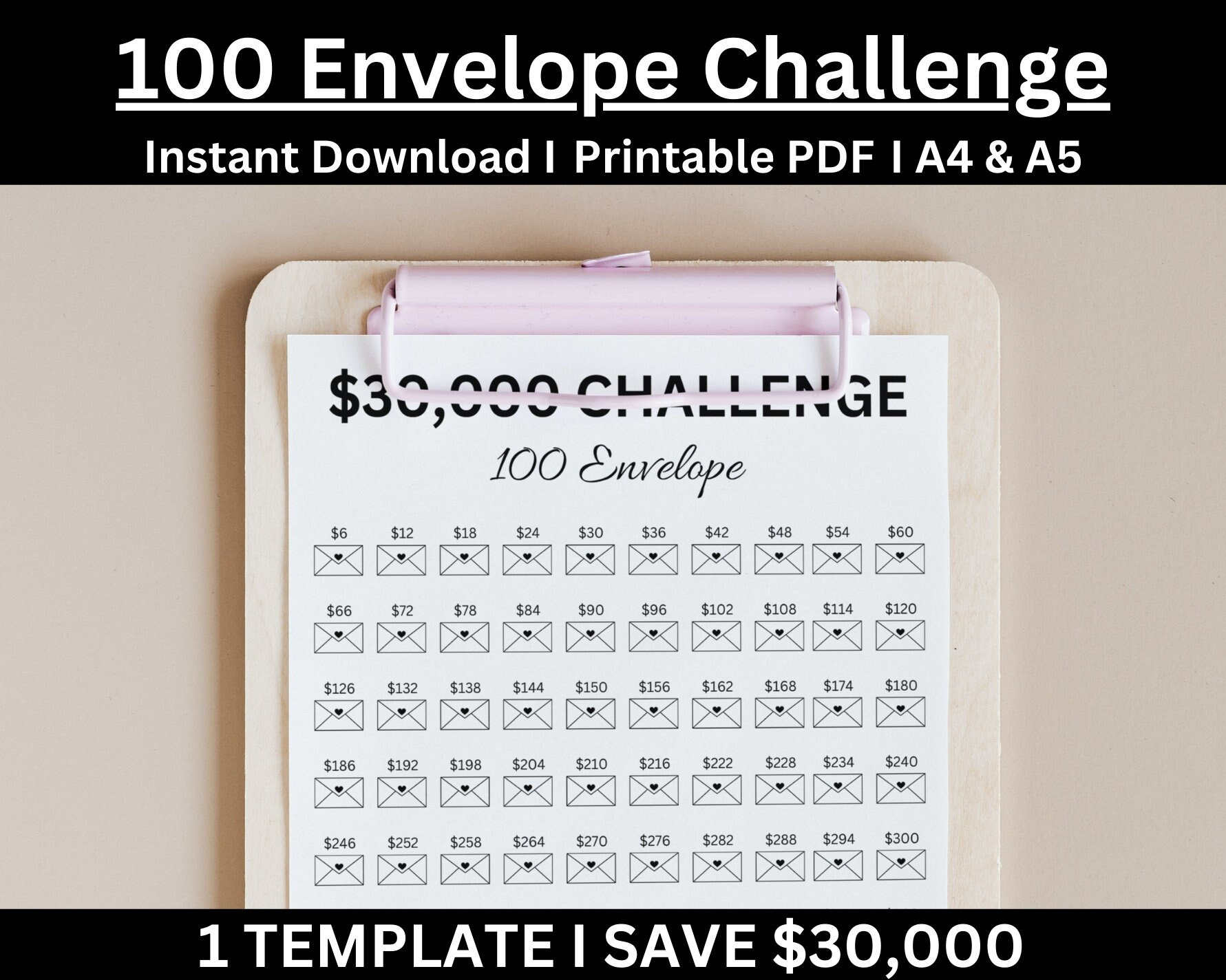 30K 100 Envelope Challenge Printable, 30,000 Saving Tracker, 30K ...