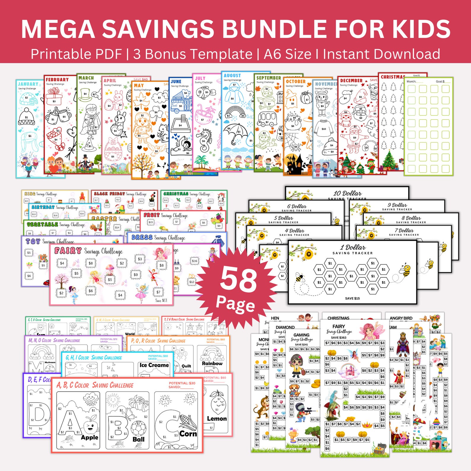Kids Savings Challenge Printable Bundle, A6 Mini Kids Saving Challenge ...