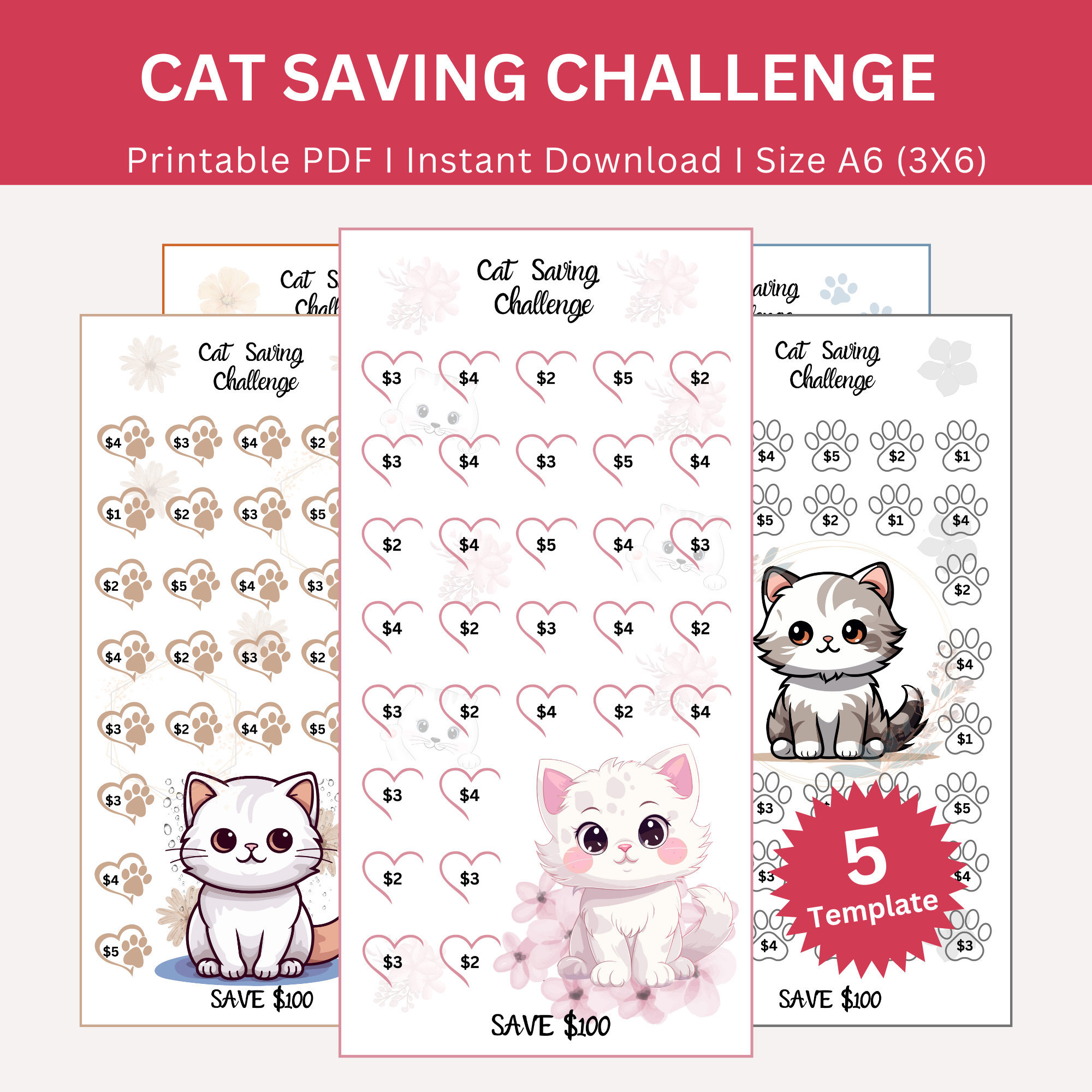 Cats Saving Challenge Printable, Mini Cat A6 Size Saving Challenge, Pow ...