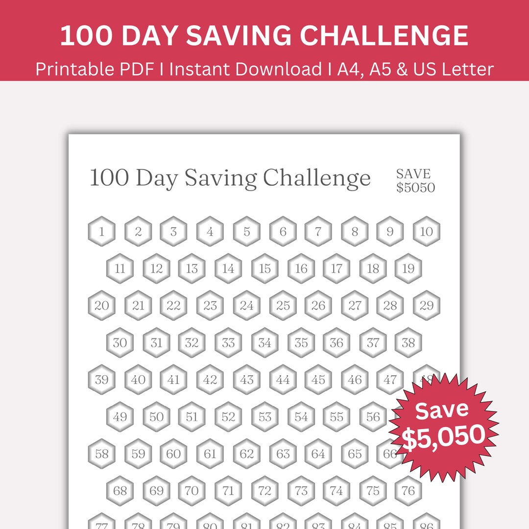 100 Day Saving Challenge Printable: A4, A5, Letter Size (digital ...