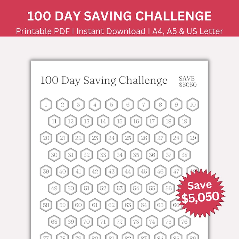 100 Day Savings Challenge Printable | Save 5050 Money Challenge | Daily ...