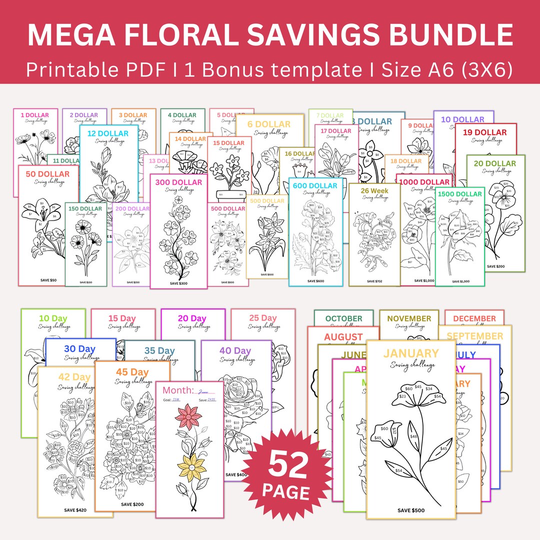 Maga Floral Coloring Savings Challenge Printable Bundle, Flower Saving ...