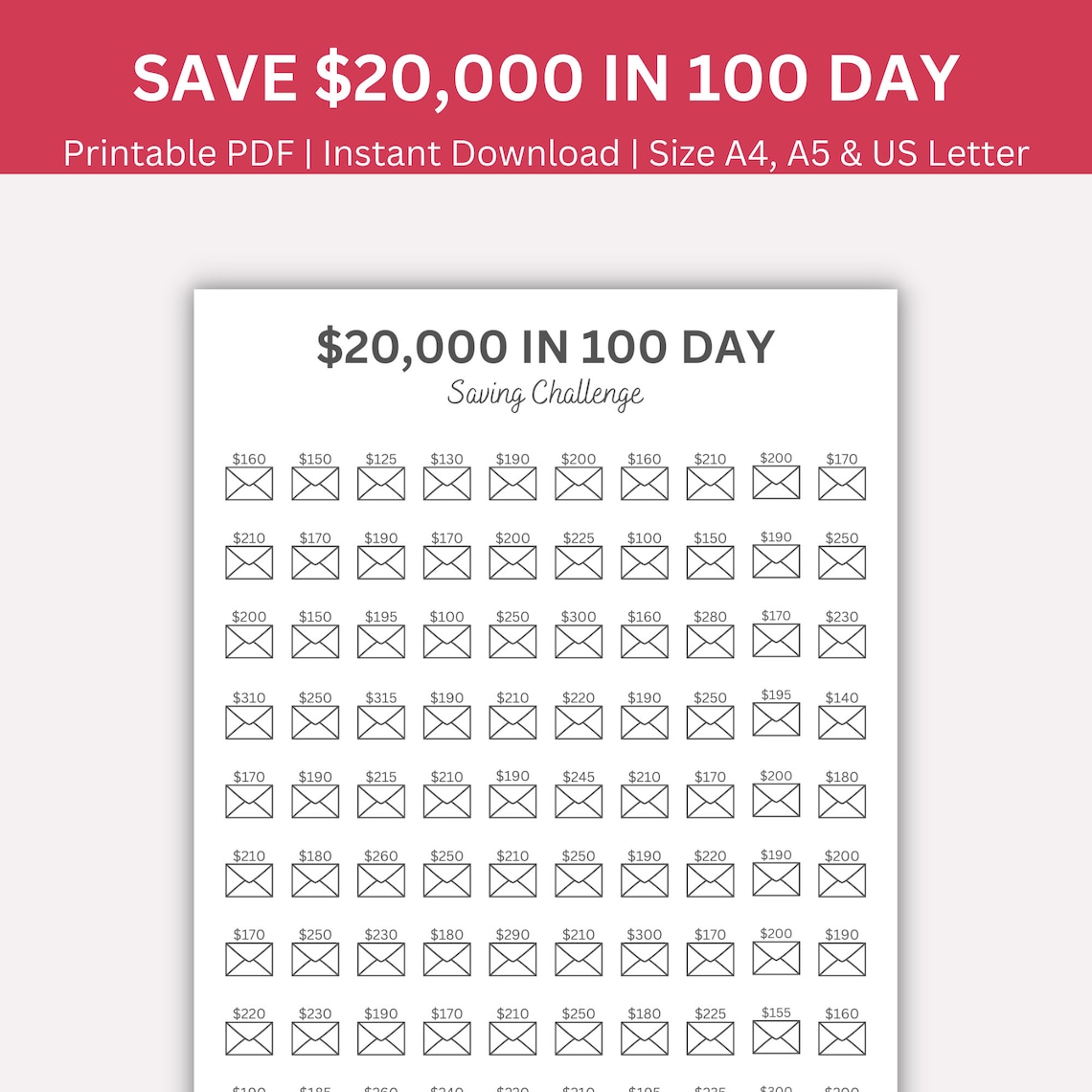 20000 Savings Challenge Printable, 20,000 Savings Challenge, 100 ...