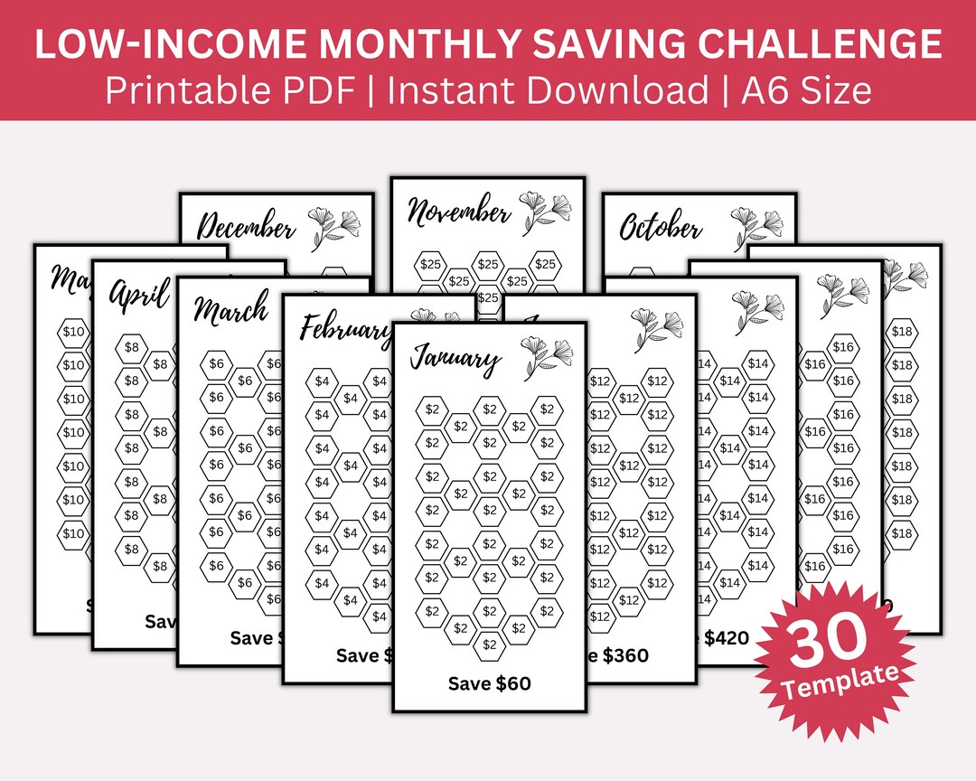 Monthly Low Income Saving Challenge Printable Mini A6 Saving - Etsy