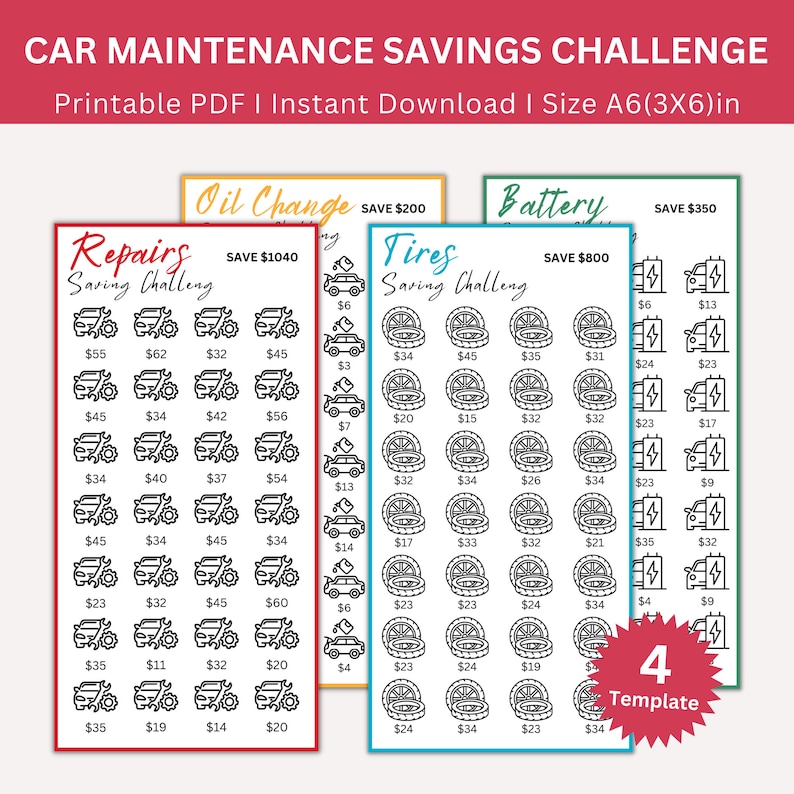 Vehicle Maintenance Savings Challenge Printable, Car Auto Repair Saving ...